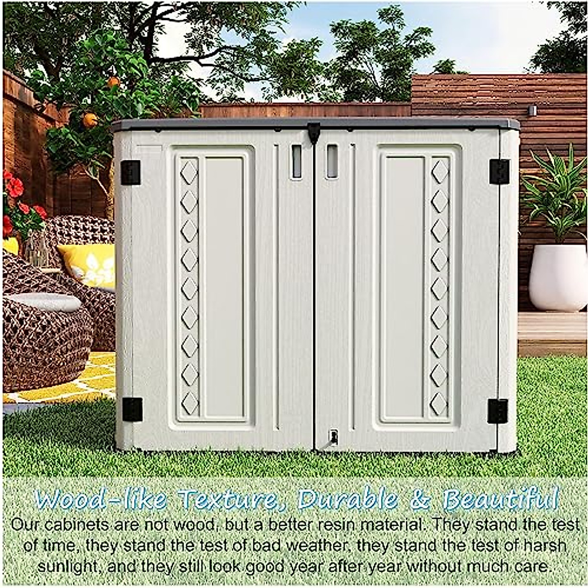 Mrosaa Sheds & Outdoor Storage, 34 Cu.ft Horizontal Storage Sheds Outdoor with Floor, Outdoor Storage Cabinet Waterproof for Garage Storage, Pool Storage, Bike Shed, Garden Shed