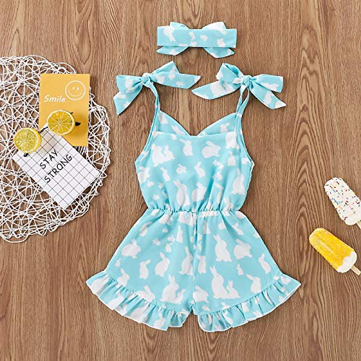 Flashing boy One-Piece Toddler Kid Baby Girl Easter Outfit Bowknot Strap Romper Ruffle Bunny Print Jumpsuit Headband (Blue-Rabbit, 3-4 Years)