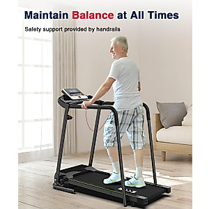 Redliro Walking Treadmill for Senior with Long Handrail, 300 lbs Capacity, Recovery Fitness Exercise Machine Foldable for Home with LCD Display, Holder for Phone & Cup