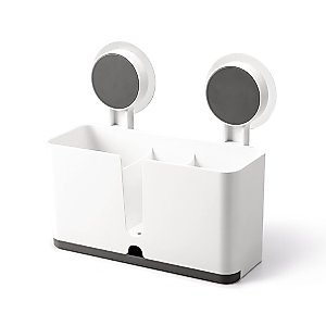 Cetomo Wall Mounted Storage Organizer, Adhesive Self-Draining Shower Caddy, Plastic Shelf with 3 Compartments and Removable Drain Tray for Toiletries Kitchen Utensils Bathroom Cabinet, White