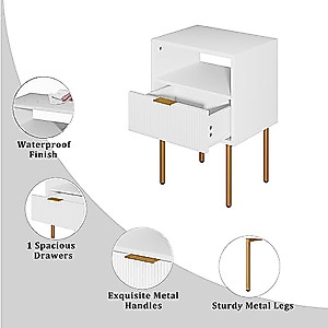 Aobafuir Nightstand, Drawer Dresser for Bedroom, Small Side Table with Drawer, Bedside Furniture, Night Stand, End Table with Gold Frame for Bedroom,Living Room,White
