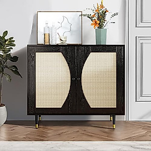4 EVER WINNER Rattan Sideboard Cabinet with Handmade Natural Rattan Doors, Coffee Bar Storage Cabinet with 4 Solid Wood Table Legs, Bohemian Style Accent Cabinet Console Table for Hallway, Entryway