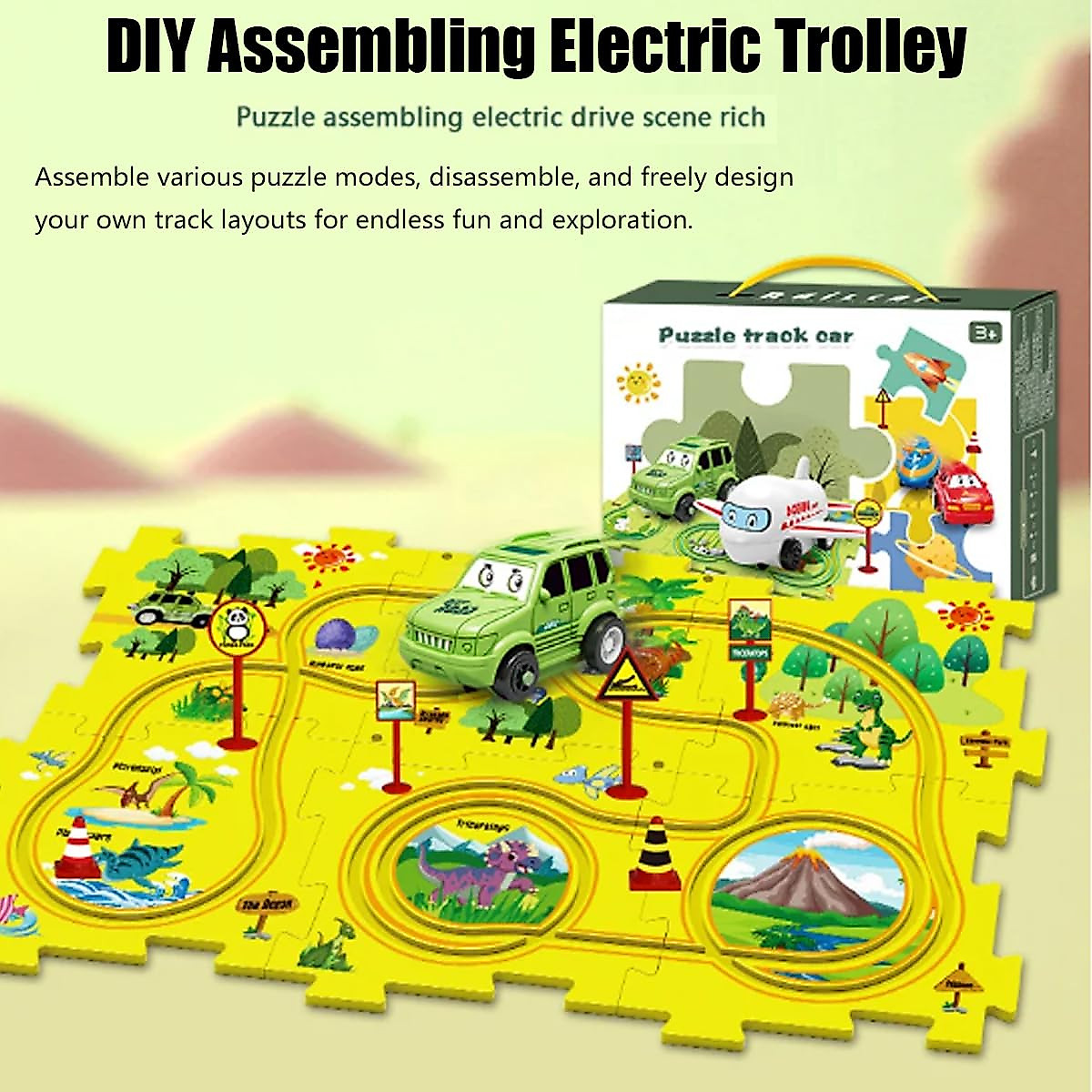 25 PCS DIY Assembling Electric Trolley, Upgrade Puzzle Track Play Set with Vehicles, Children's Educational Rail Car Building Toys Vehicle Puzzle Board, Montessori Toys Birthday Gift for Kids Ages 3+