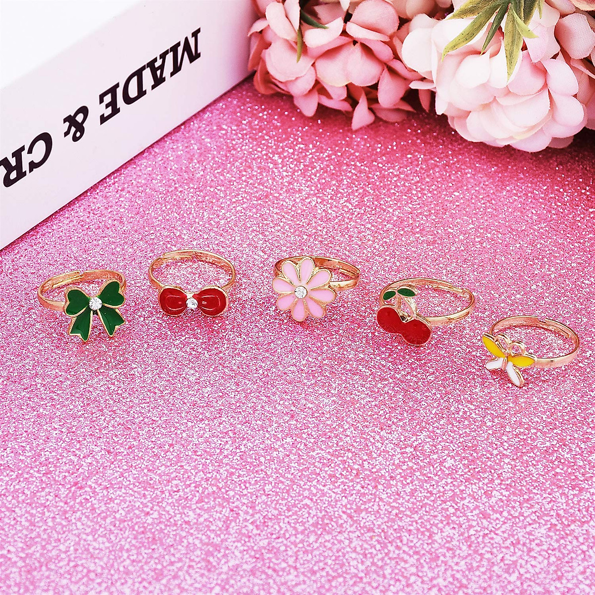 SUNMALL 36 pcs Adjustable Rings in Box, No Duplication, Children Kids Little Girl Pretend Play and Dress up Jewelry Set with Heart Shape Display Case, (A)