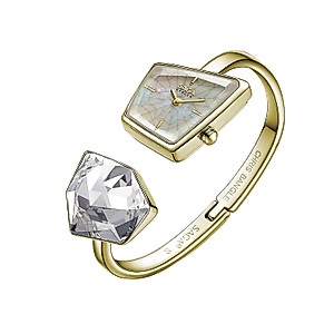 SAGA Illusion Women's Luxury Cuff Bangle Watch, Shaped Mineral Case, 316L Stainless Steel Bracelet with Danube Crystals, Swiss Ronda Quartz Movement, 30M Water Resistant