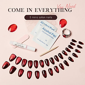 Press on Nails Short- Gel Handmade False Nails Blood Red, 30pcs Square shape Glue on Nails with design,Stick on Nails Acrylic False Nails Manicure Kits for Women Gift by Lacheer