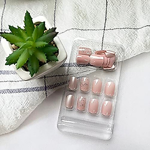 24 Pcs Short Press on Nails Cute Square Fake Nails, Full Cover False Nails with Glitter Design Glossy Stick on Nails Nude Pink Acrylic Nails Short Square Glue on Nails for Women and Girls DIY Manicure