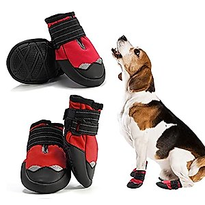 Dog Boots Waterproof Shoes for Dogs with Reflective Straps, Rugged Anti-Slip Soft Sole Dogs Paw Protector for Small Medium Large Dog (3#, Red)