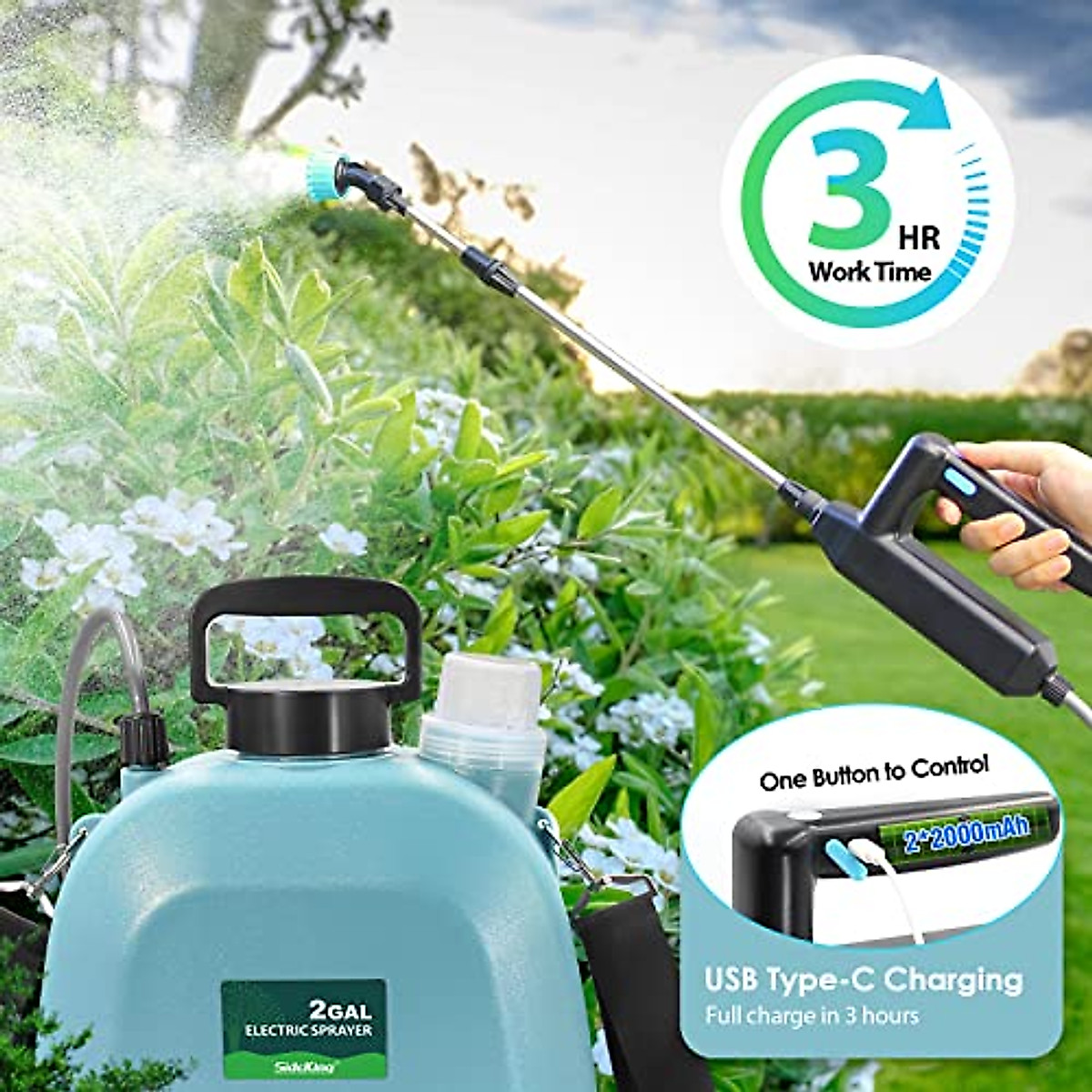 SideKing Battery Powered Garden Sprayer 2 Gallon, Upgrade Powerful Electric Sprayer with 3 Mist Nozzles, Retractable Wand, Rechargeable Handle with Adjustable Shoulder Strap for Lawn & Garden