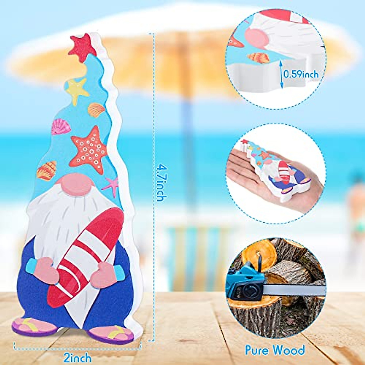 3 Pcs Wooden Beach Gnomes Sign Summer Gnomes Table Decor Wood Beach Table Centerpieces Hawaii Wooden Gnomes Sign for Summer Party Tiered Tray Shelf Home Kitchen Decoration