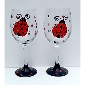 Ladybug Hand Painted Stemmed Wine Glasses Set of 2