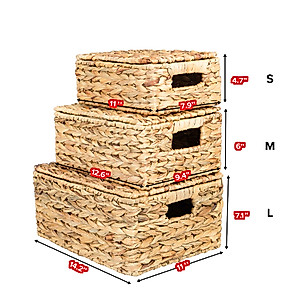 OEHID Wicker Storage Baskets with Lid, Hand-Woven Rectangular Wicker Basket with Lid for Bedroom & Living Room, Nesting Rattan Basket with Lid for Shelves (Water Hyacinth, 3-Pack)