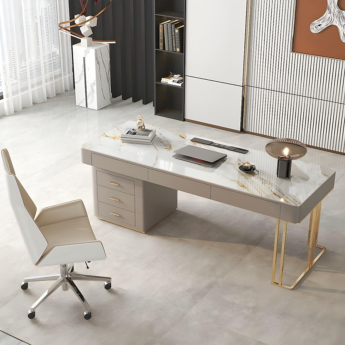 LAKIQ Modern Stone top Executive Desk with File Cabinet Storage Pedestal Home Office Desk Computer Desk Cable Management Rectangular Writing Table-Without Chair(55.1" L x 27.6" W x 29.5" H)