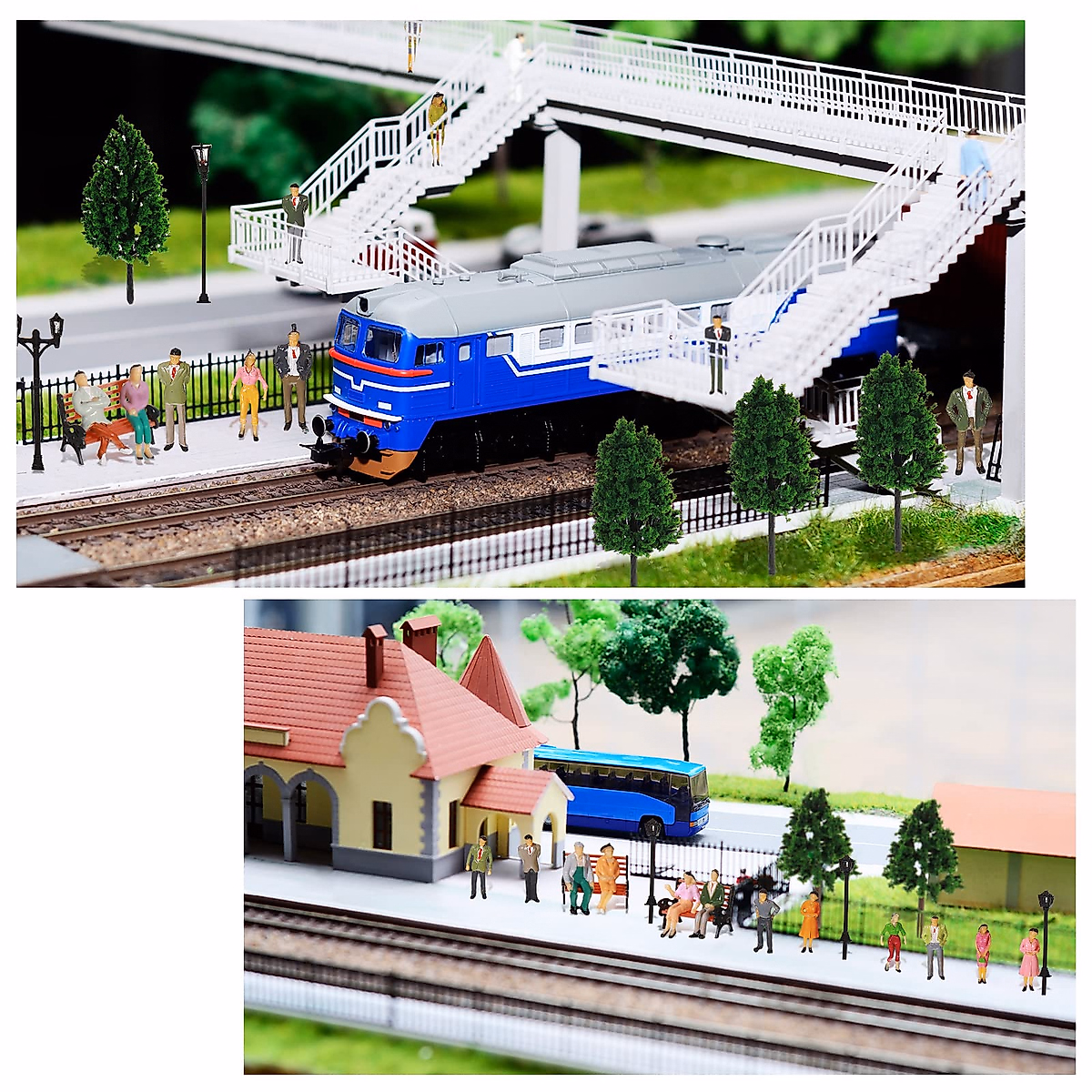 55 Pcs Model Trains Architectural Scale Painted Figures, Include 30 Miniature People 5 Street Lamps 11 Mixed Model Trees 5 Model Park Street Seat 4 Fake Grass for Miniature Scene (1:75)