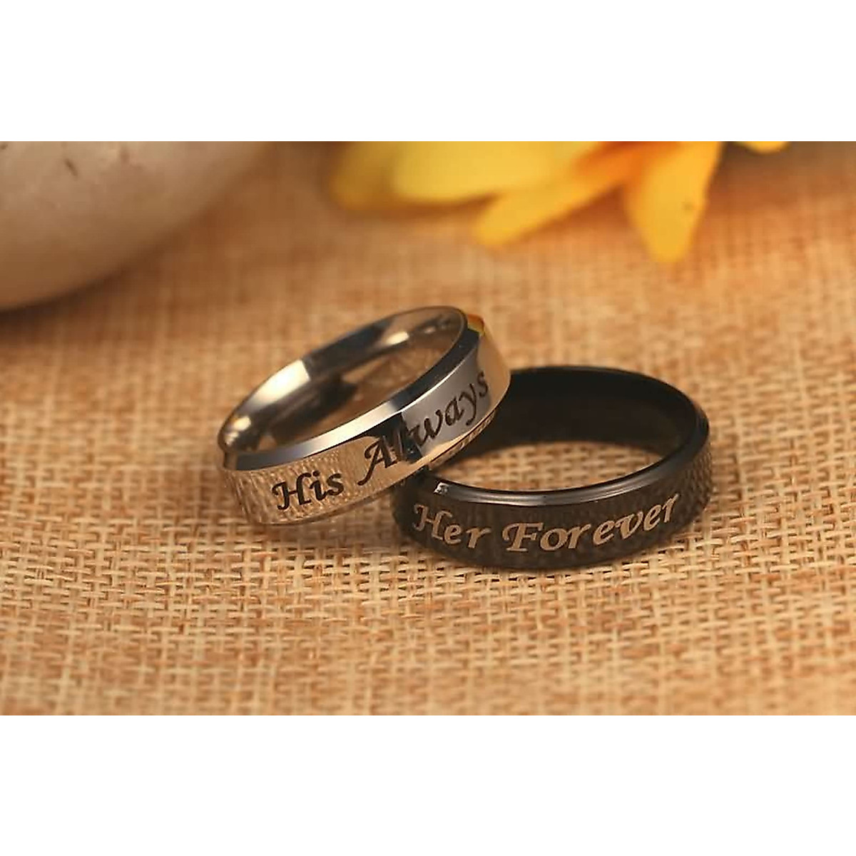 Homxi Promise Rings Engravable Couple Rings Wedding Bands,Stainless Steel Promise Rings Black Silver Ring with 6MM Her Forever His Always Rings Couples Size Women 8 + Men 8