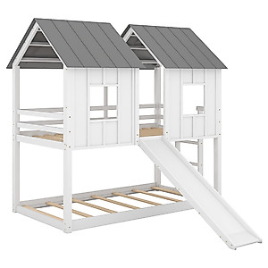 Merax Twin-Over-Twin Wooden House Bunk Bed with Slide, Windows, Ladder and Guardrails, Twin Size White House Bunk Bed