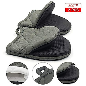 1 Pair Short Oven Mitts, Heat Resistant Silicone Kitchen Mini Oven Mitts for 500 Degrees, Non-Slip Grip Surfaces and Hanging Loop Gloves, Baking Grilling Barbecue Microwave Machine Washable (Gray)