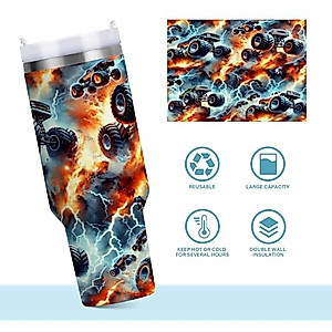 Jihqo Lightning Tank Cars 40 oz Stainless Steel Vacuum Insulated Tumbler with Handle and Straw Lid, Leakproof Water Bottle Double Wall Travel Mug Coffee Cup, Cupholder Friendly