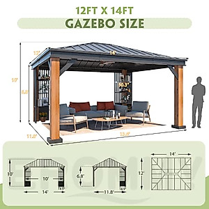 EROMMY 12' X 14' Hardtop Gazebo, Galvanized Steel Top with Wood Grain Aluminum Frame, Permanent Metal Pavilion with Three-Layer Storage Shelves for Patio, Backyard, Deck and Lawns