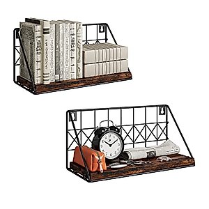 JOIN IRON Set of 2 Wall Mounted Floating Shelves Wood Rustic Storage Shelves for Bedroom, Bathroom, Living Room(Brown)
