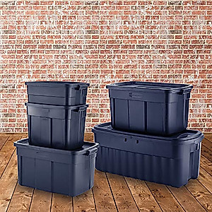 Rubbermaid Roughneck 10 Gallon Rugged Storage Tote in Dark Indigo Metallic with Lid and Handles for Home, Basement, Garage, (6 Pack)