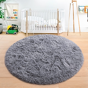 junovo Round Rug 4x4 Feet Fluffy Soft Area Rugs for Kids Girls Room Princess Castle Plush Shaggy Carpet Cute Circle Nursery Rug for Kids Girls Bedroom Baby Room Home Decor Circular Carpet, Grey