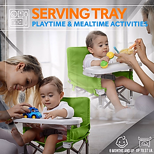 Serene Life Baby Seat Booster -Space Saver Toddler Booster Seat - Portable Pop and Open Sit Folding Booster Feeding Chair - Safety Belt/Food Tray/Travel Bag - SereneLife SLBS66G