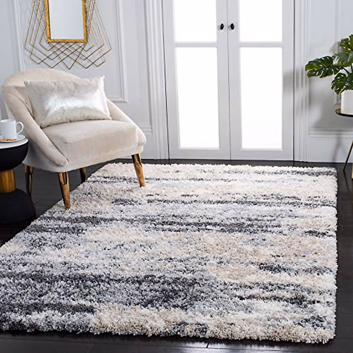 SAFAVIEH Fontana Shag Collection 6'7" x 9' Grey/Ivory FNT853G Modern Non-Shedding Living Room Bedroom Dining Room Entryway Plush 2-inch Thick Area Rug