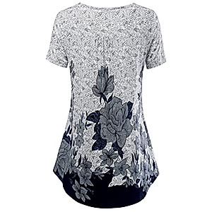 BAISHENGGT Women's V Neck Short Sleeve Buttons Pleated Flared Tunic Tops Grey - Peony XXL