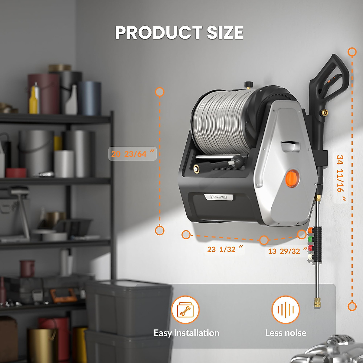 Giraffe Tools Grandfalls Pressure Washer G50, Electric Wall Mounted Pressure Washer, Power Washer with 100FT Replaceable Retractable Reel, Wall Hanging Pressure Washer, Silver Case