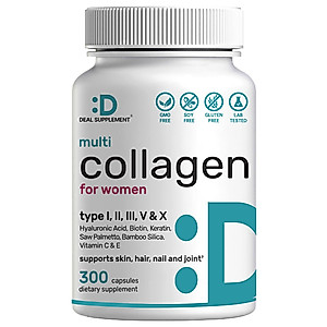 Multi-Collagen 1000mg Bamboo Silica 50mg Hyaluronic Acid 50mg Saw Palmetto 100mg Hydrolyzed Keratin 100mg & Vitamin C & E with Biotin 5000mcg - 11 in 1 Formula for Hair, Skin, Nail & Joint Health