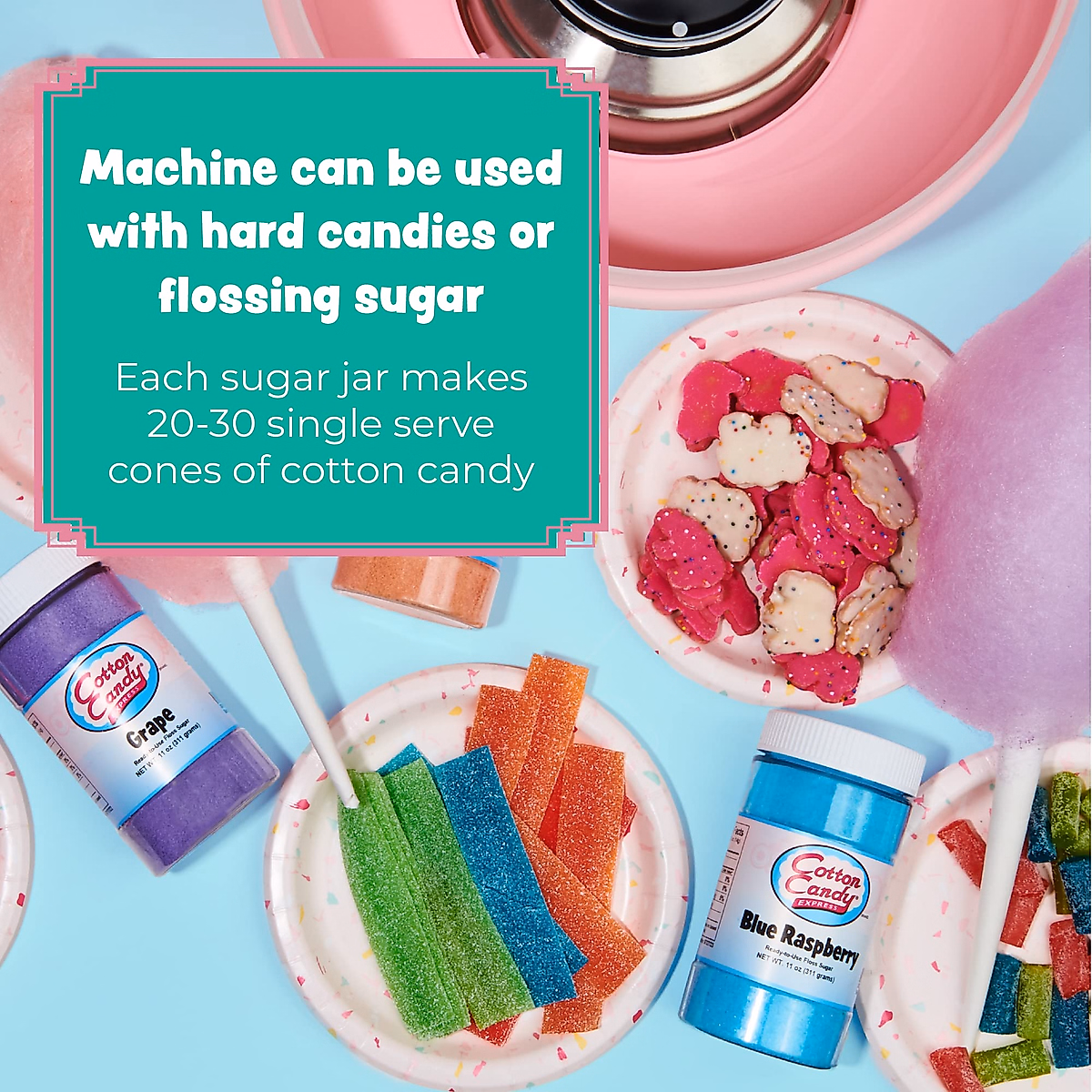 Cotton Candy Express CC1000-S Cotton Candy Machine, with 3 - 11oz. Jars of Cherry, Grape, Blue Raspberry, Orange, Pink Vanilla Floss Sugar & 50 Paper Cones Easy to Use and Clean