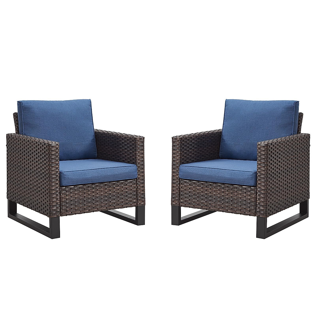 Rilyson Patio Furniture Chairs Outdoor Chair - Wicker Patio Furniture Set of 2,PE Rattan Patio Seating with Cushions for Deck Porch Balcony Backyard Garden(Brown/Blue)