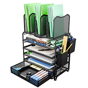 Simple Trending 5 Tier Mesh Desk File Organizer, Paper Letter Tray File Holder with Sliding Drawer Organizer for Office Home, Black