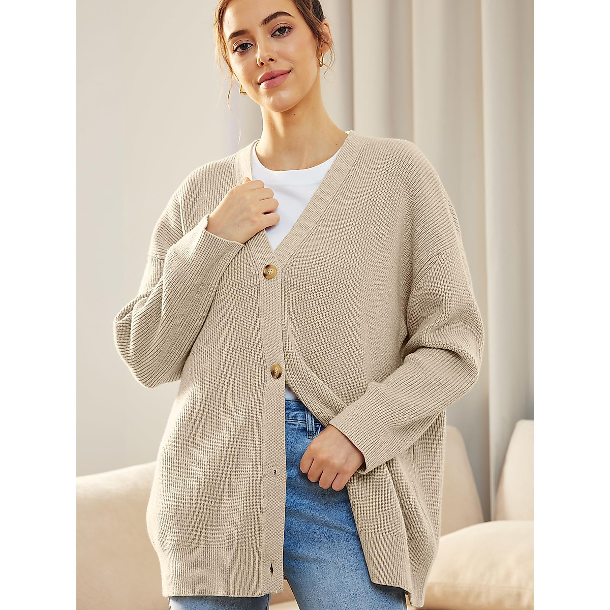 EFAN Womens Winter Trendy Sweaters 2025 Fall Oversized Sweater Long Cardigans V Neck Lightweight Knit Clothes Outfits Apricot