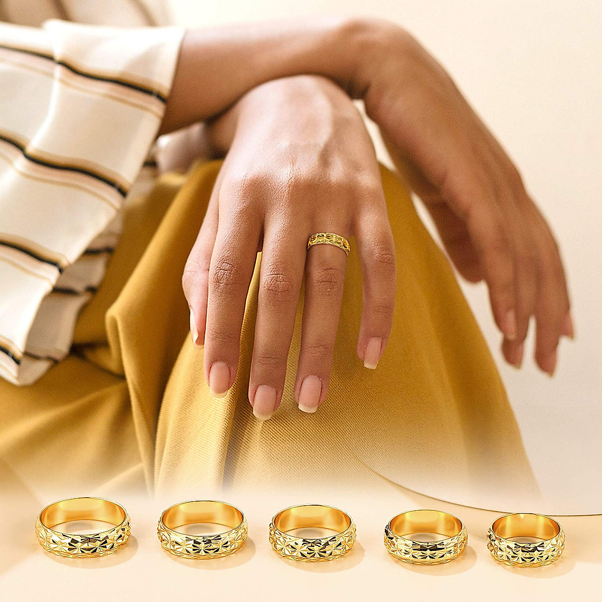 GOLDCHIC JEWELRY Basic Ring for Women, 18K Gold Plated Diamond Cut Stackable Rings Gold Band Rings for Women