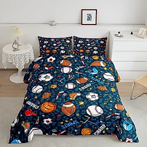 Ball Sports Bedding Set Cartoon Baseball Basketball Football Comforter Set Twin Size for Boys Kids Teens Bedroom Decor Navy Blue Leopard Quilted Duvet Colorful Sport Gaming Pattern Bedspread 2pcs
