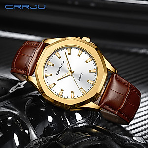 CRRJU Men's Golden Fashion Luxury Classical Leather Watches for Men Business Simple Luminous Analog Quartz Wristwatches