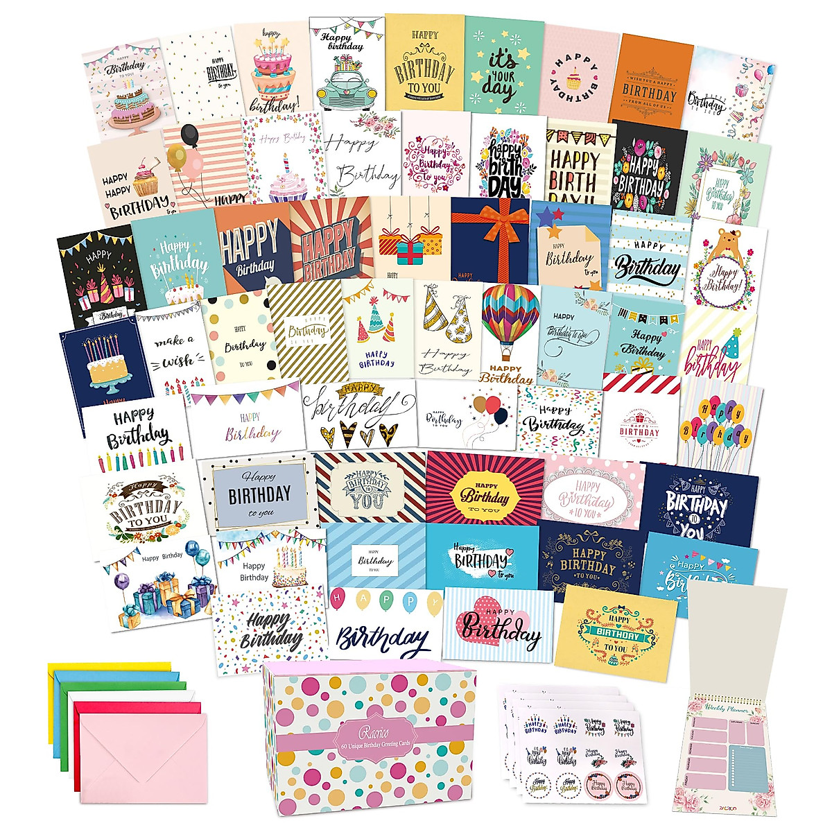 60 Unique Birthday Cards,Birthday Cards Bulk With Message Inside,5 x 7 inches Happy Birthday Cards Assortment,Assorted Birthday Cards With Envelopes and Stickers in Birthday Cards Bulk Boxed Set.