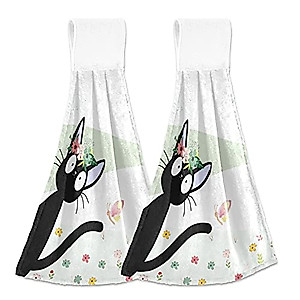 KOCOART Cute Black Cat Kitchen Towels Spring Summer Flower Bathroom Hand Towel Hanging Tie Towel with Loop 2PCS Soft Absorbent Dish Cloth Fingertip Towel for Oven Stove Handle Tabletop