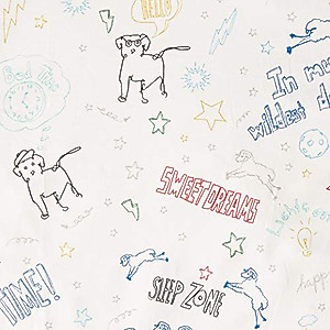 ED Ellen DeGeneres Doodle Dog - 100% Cotton Fitted Crib Sheet, All-Over Doodle Print, Ivory, Royal, Red, Yellow