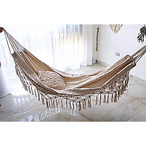 Handmade Boho Large Brazilian Fringed Macramé Double Deluxe Hammock Swing Bed with Carry Bag for Bedroom,Yard,Beach,Patio,Indoor,Outdoor & Wedding Party Decor, 95" Lx 62" W (White)