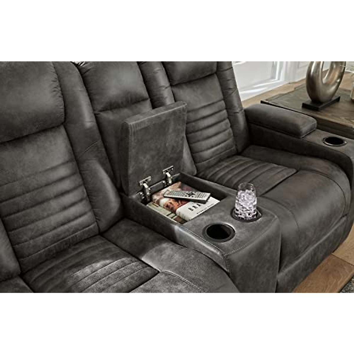 Signature Design by Ashley Soundcheck Contemporary Faux Leather Tufted Power Reclining Loveseat with Control and Adjustable Headrest, Gray