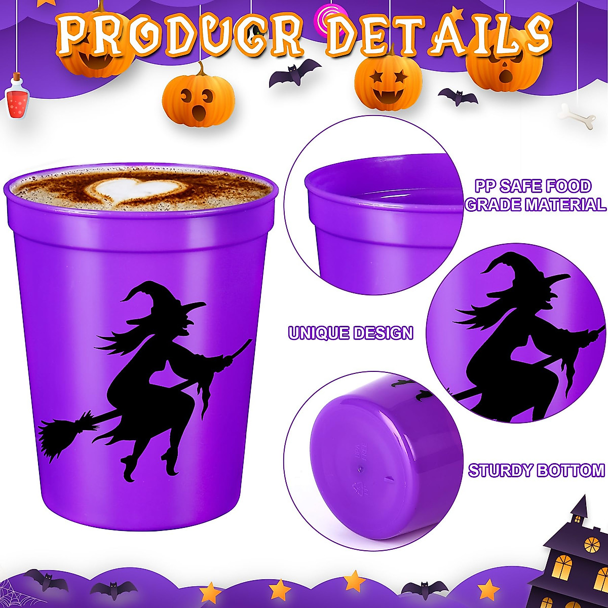 Erweicet 50 PCS Halloween Plastic Party Cups 16 oz Colorful Halloween Disposable Cups Ghost Witch 5 Colors Design Halloween Cups for Coffee Juice Wine Liquor Halloween Party Supplies