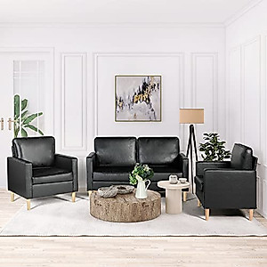 AILEEKISS Mid-Century Sectional Sofa Set Faux Leather Office 3 Pcs Couch Set with Armrest Modern Upholstered Loveseat Couches (1-Seater+1-Seater+2-Seater, Black)