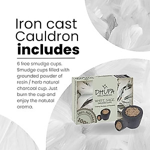 Cast Iron Cauldron with Lid and Carry Handle for Spells, Smudging, Ritual & Blessings | Includes 6 Free Incense Smudge Cups (4.5 Inch, Pentagram)