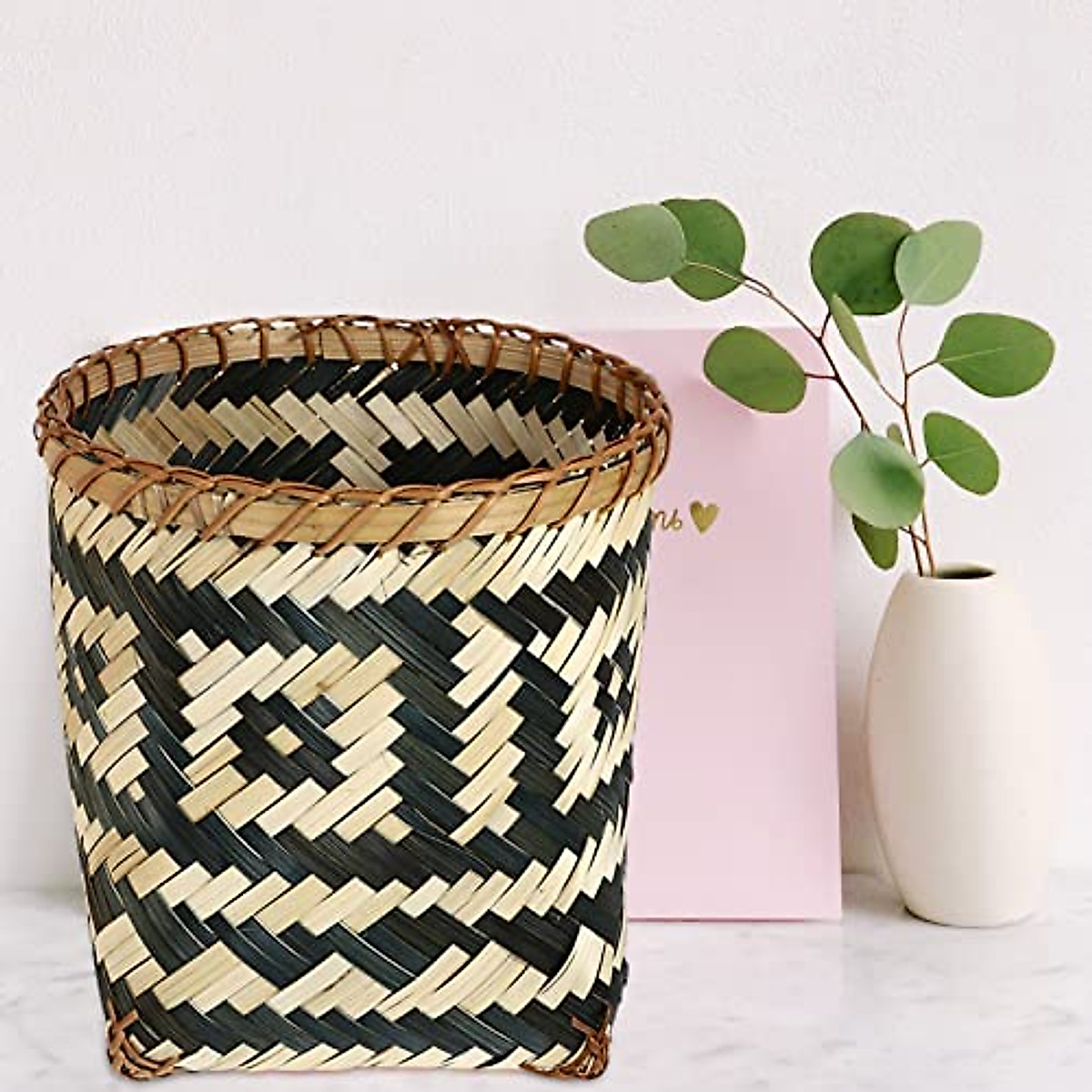 PATKAW Wicker Waste Basket Bamboo Woven Trash Can Rustic Garbage Container Bin Flower Basket for Bathroom Kitchen Home Office