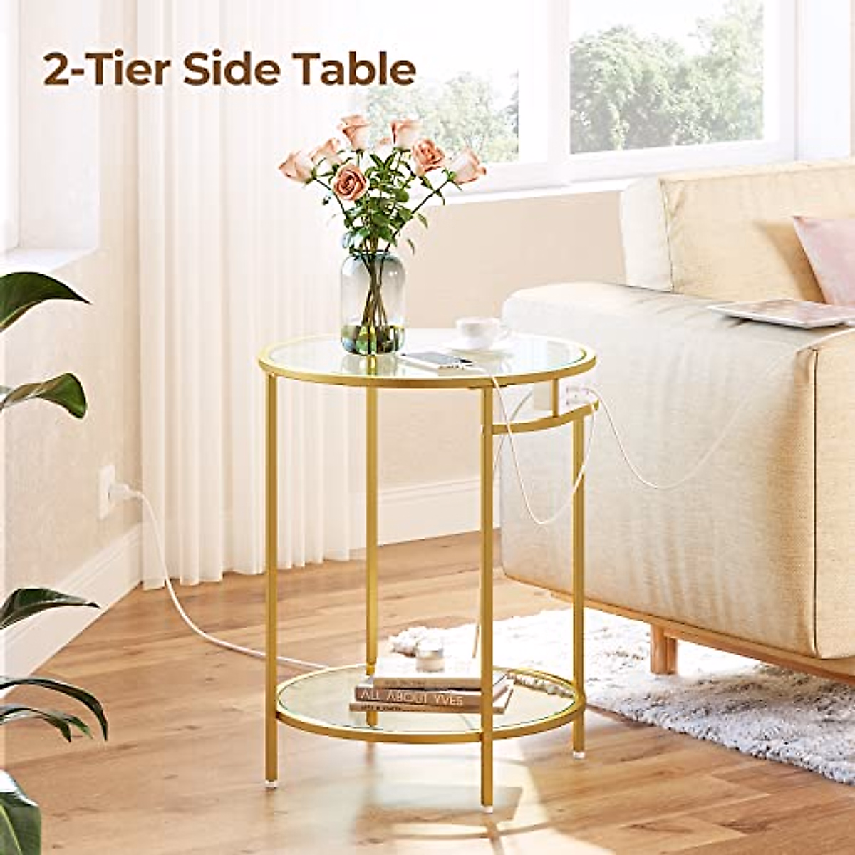 Rolanstar End Table with Charging Station, Round Side Table with Double Glass Shelves & Metal Frame, Small Coffee Accent Table, Modern Nightstand Bedside Table for Living Room, Bedroom, Gold