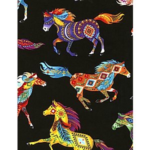 Southwest Designs on Horses, Bright Colors, Black, Timeless Treasures, by The Yard