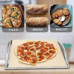Skyflame 14” x 16” Rectangle Ceramic Pizza Baking Stone with Metal Handle Rack Compatible With Most Charcoal Grills, Gas Grills, Pizza Oven, Pellet Grills, BGE, Kamado Grills, Smoker